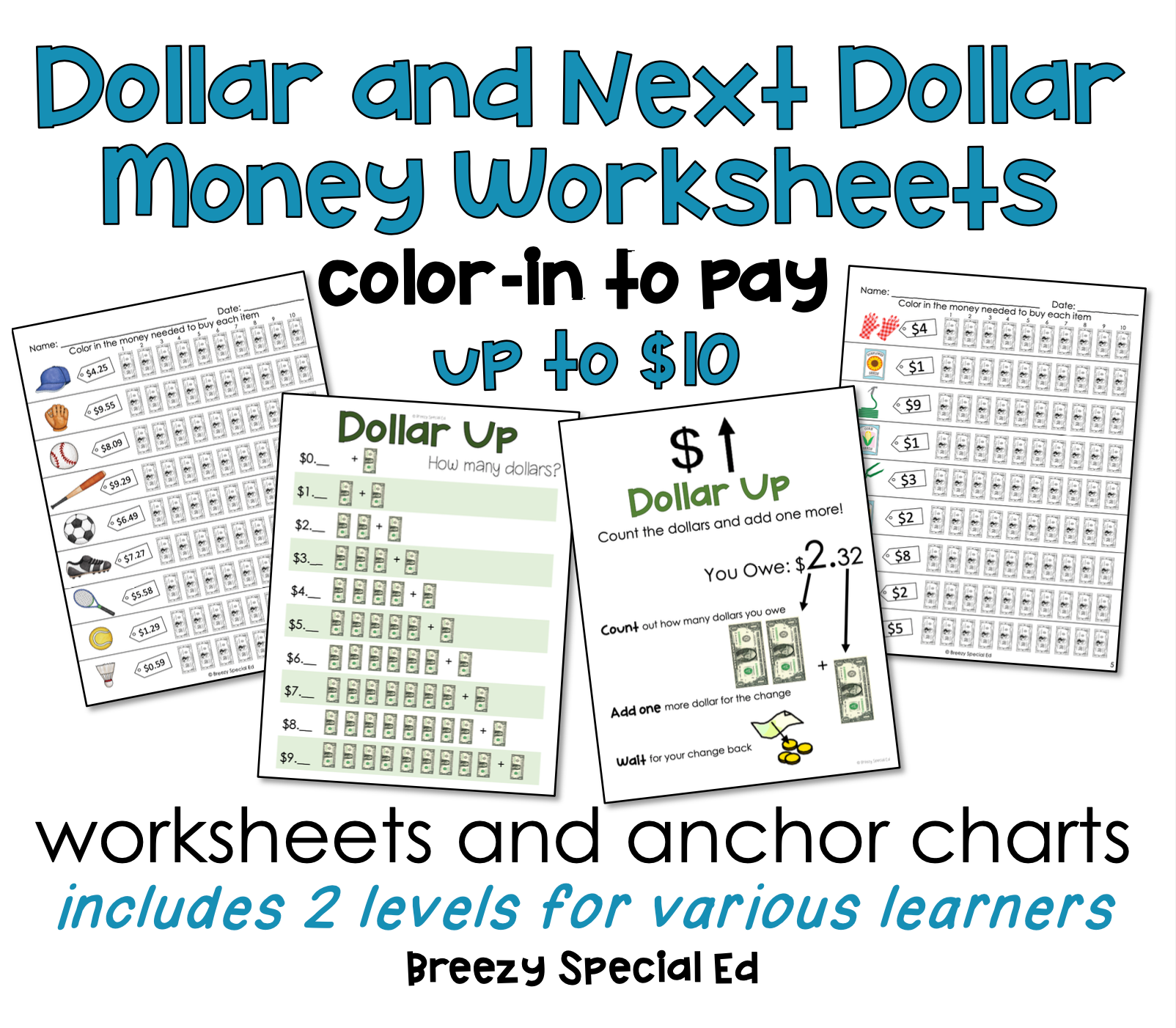 Special Education Next Dollar Up Money Color In Worksheets up to $10 ...