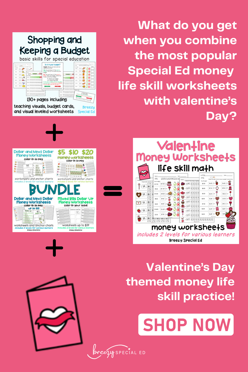 Valentine's Day Life Skill Money Math + Budget Worksheets for Special ...
