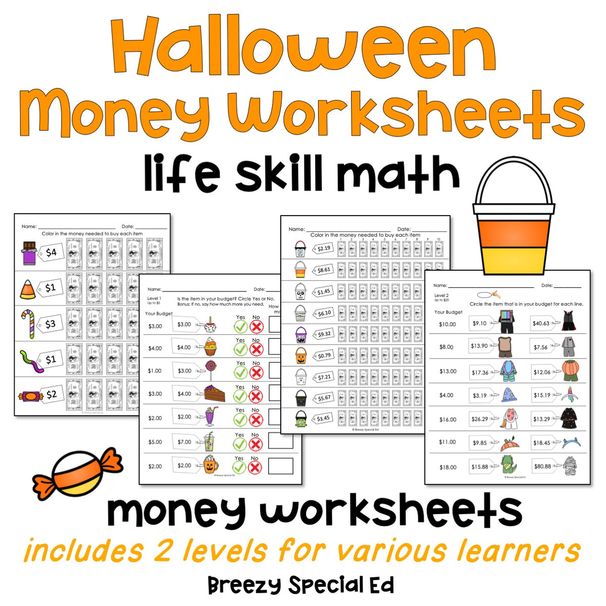 Halloween Life Skill Money Math + Budget Worksheets for Special Educat ...