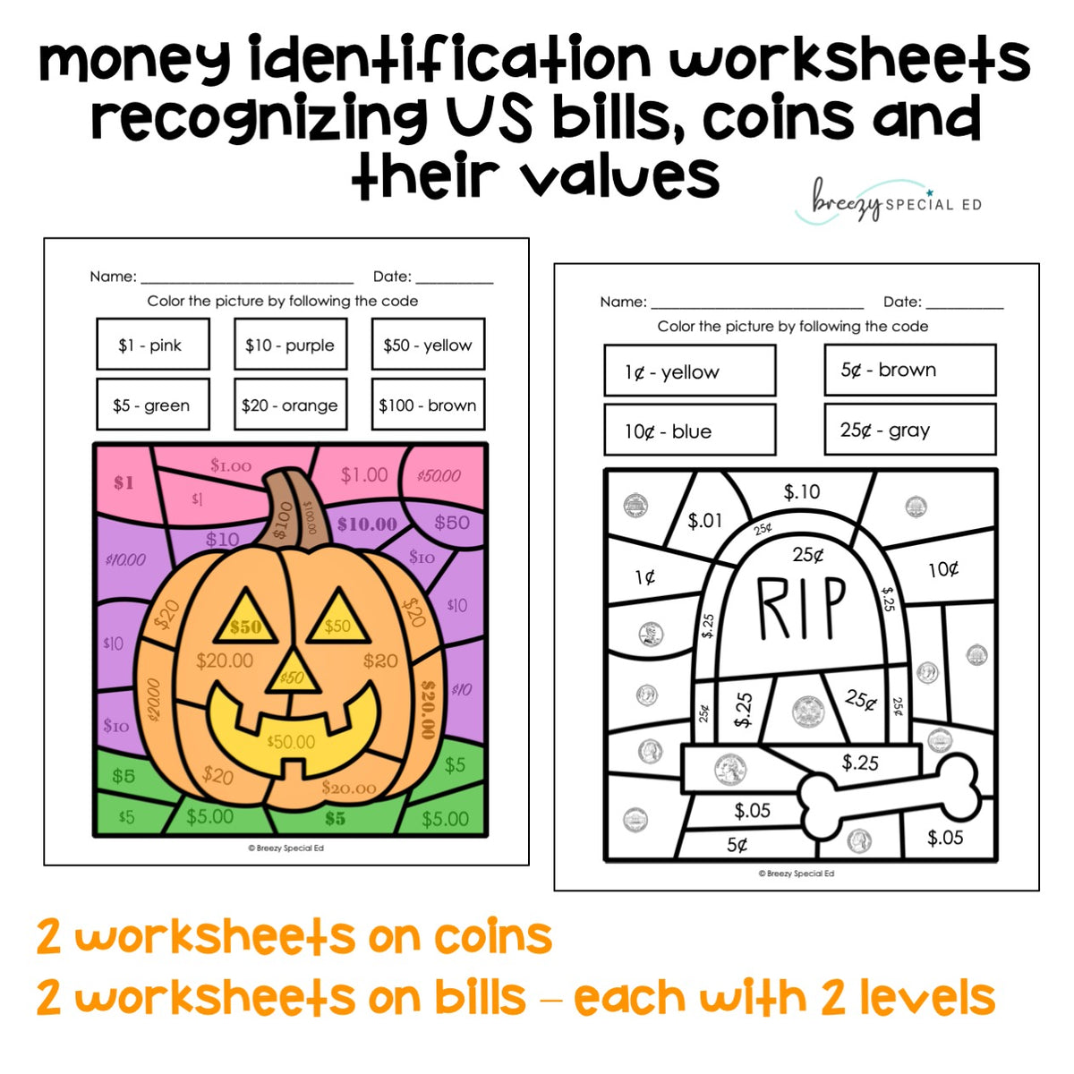 Halloween Life Skill Money Math Color by Code Worksheets for Special E ...
