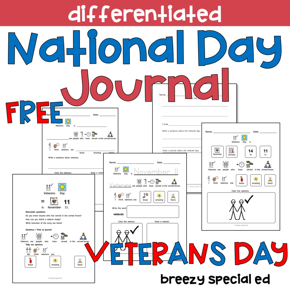 National Day Veterans Day Nov 11 FREE Differentiated Journal – Breezy ...
