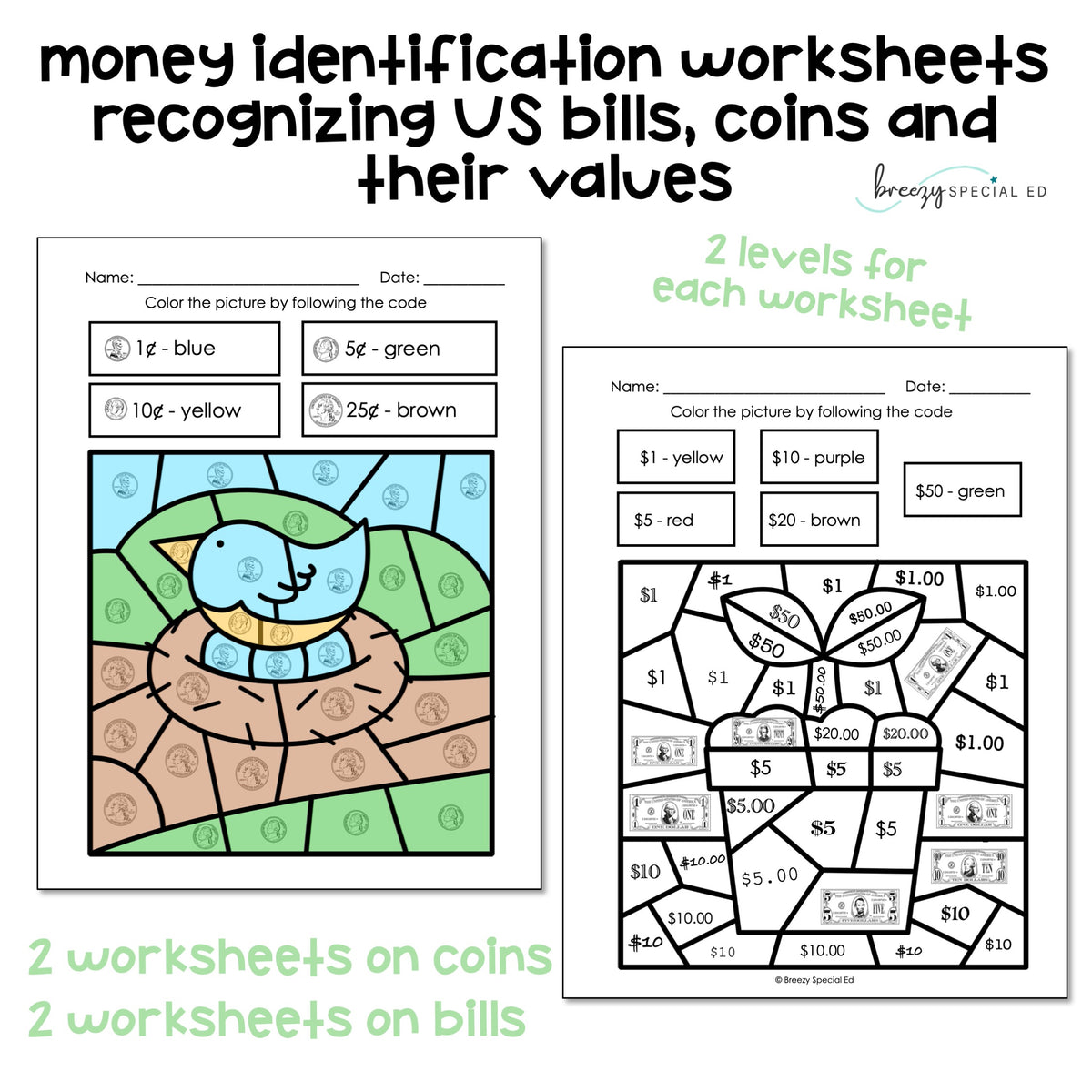 Spring Money Identification and Next Dollar Up Life Skill Math Color b ...