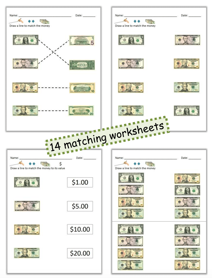 Money Math (Dollar Bills) Identification and Value Worksheets – Breezy ...