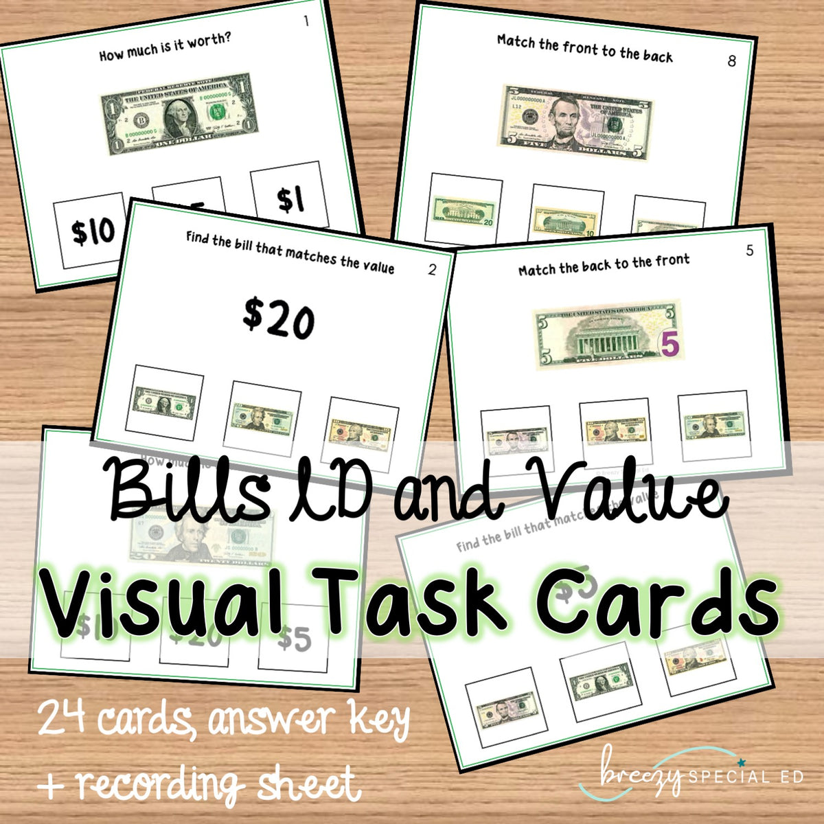 Dollar Bill Identification and Value Task Cards for autism and special ...