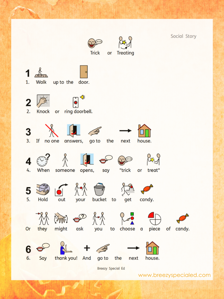 Trick or Treat social story and communication bracelets for special ed ...