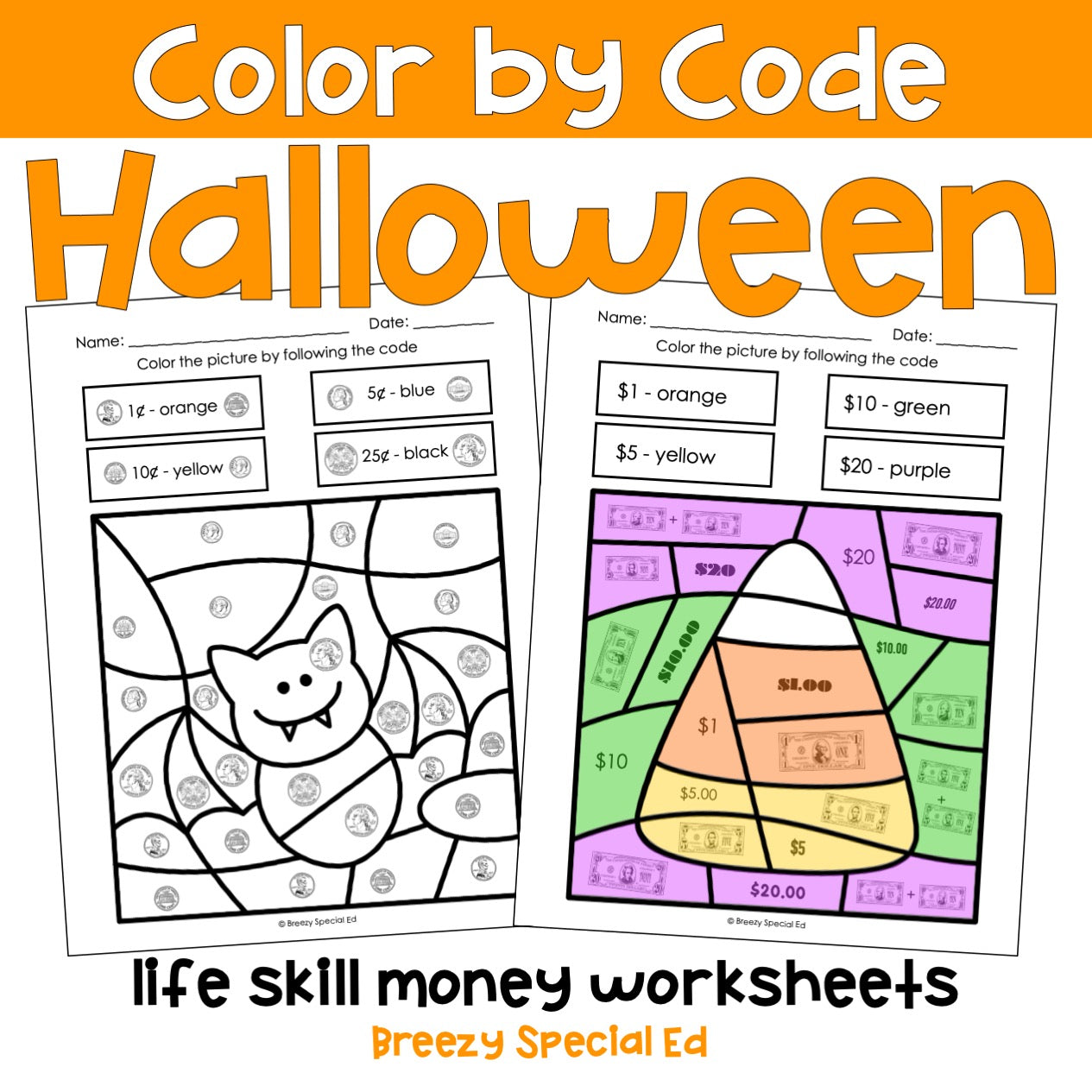 Halloween Life Skill Money Math Color by Code Worksheets for Special E ...