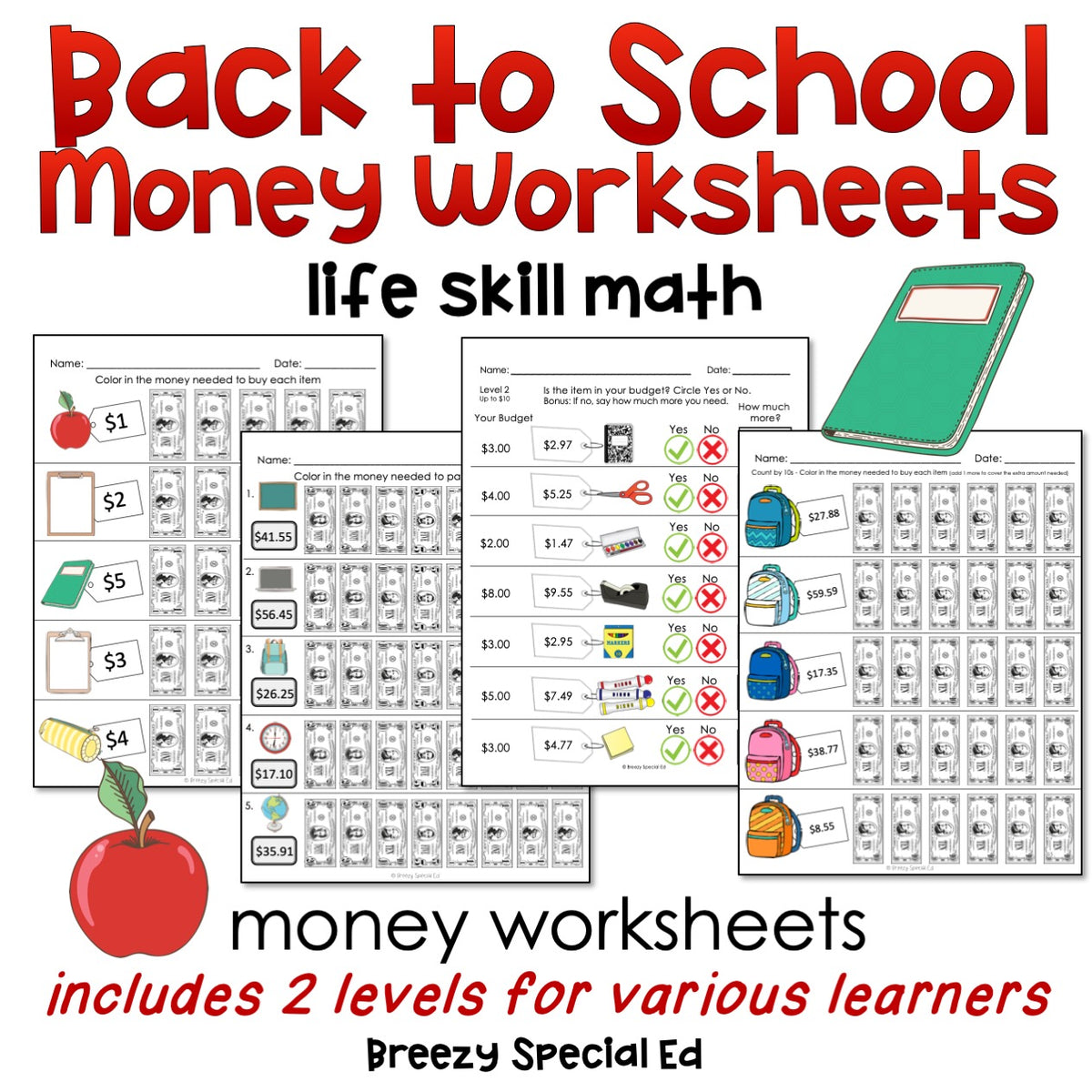 Back to School Life Skill Money Math + Budget Worksheets for Special E ...
