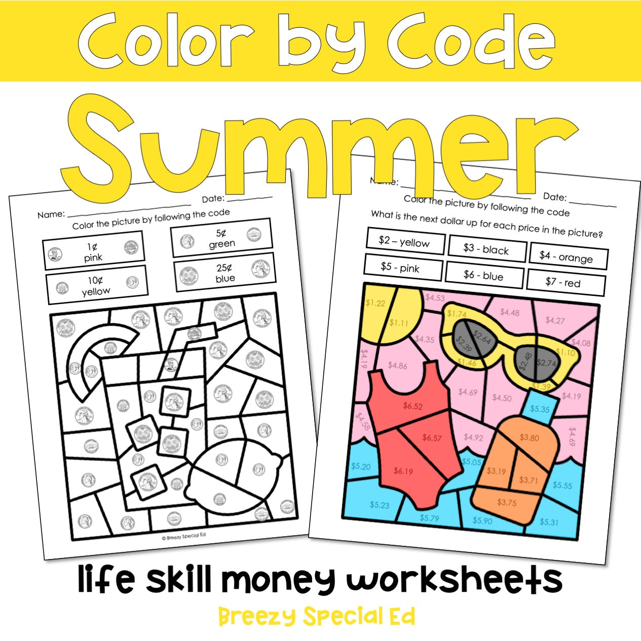 Summer Money Identification and Next Dollar Up Life Skill Math Color b ...