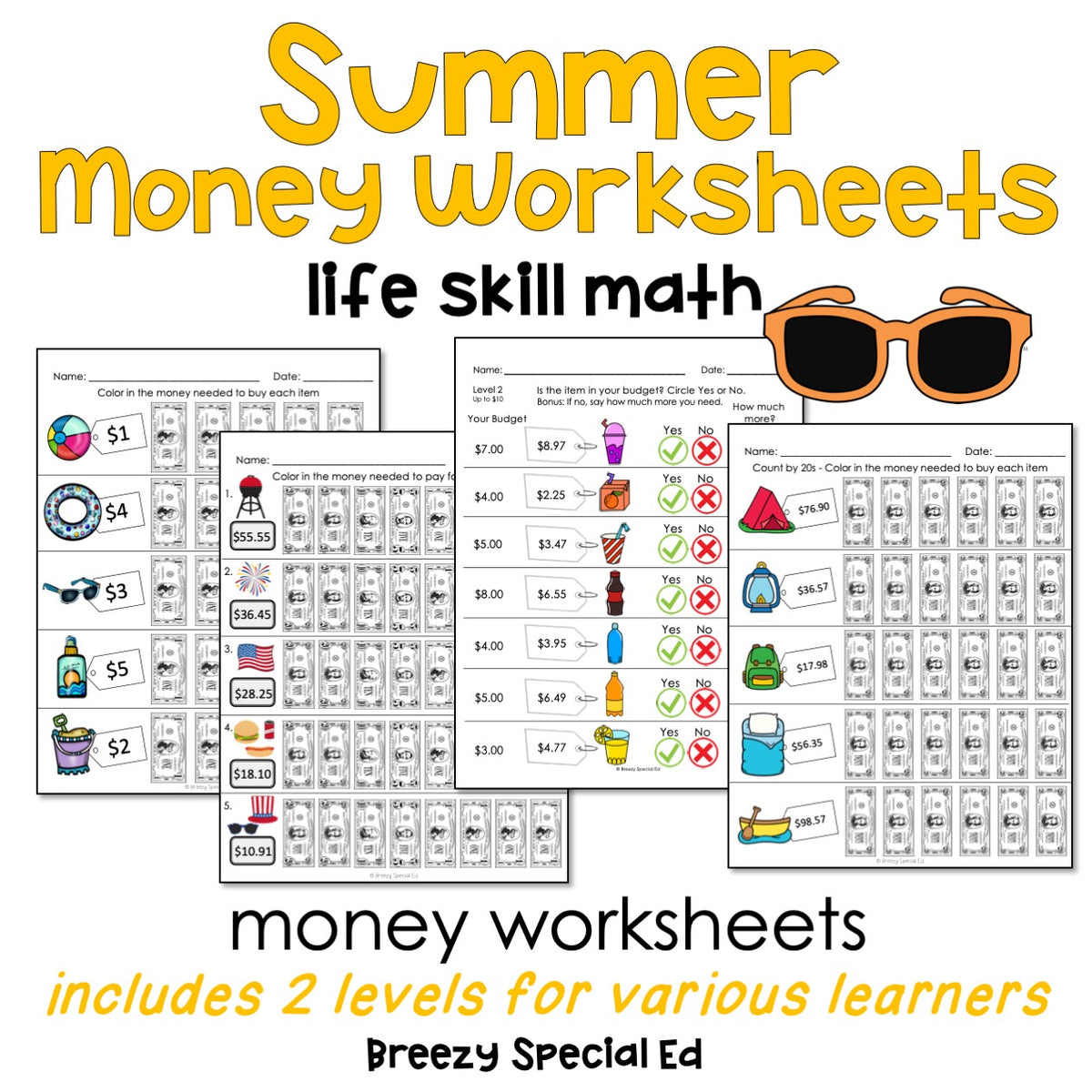 Summer Life Skill Money Math + Budget Worksheets for Special Education ...