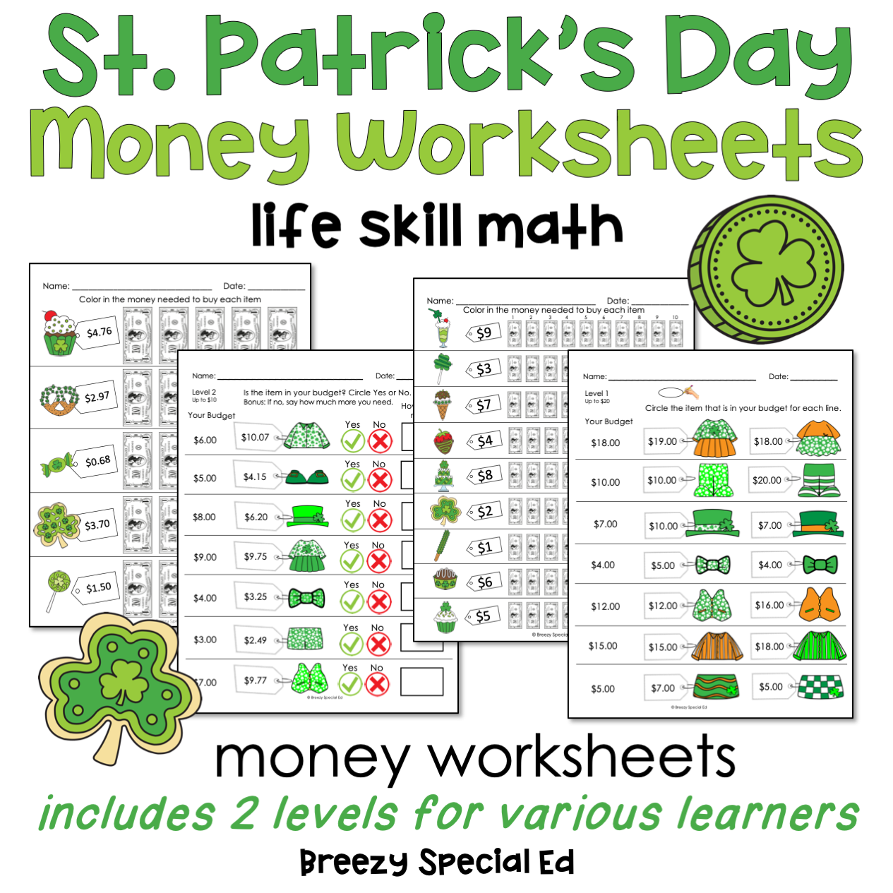 St. Patrick's Day Life Skill Money Math + Budget Worksheets for Specia ...
