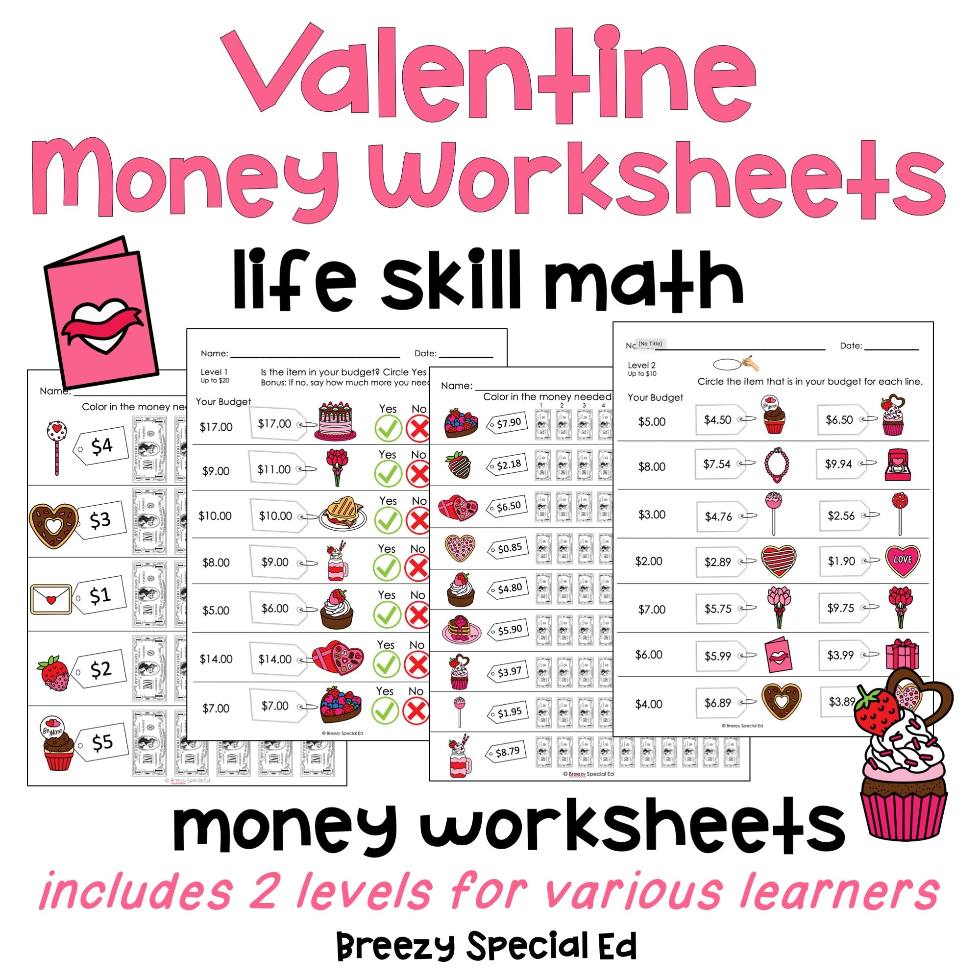 Valentine's Day Life Skill Money Math + Budget Worksheets for Special ...