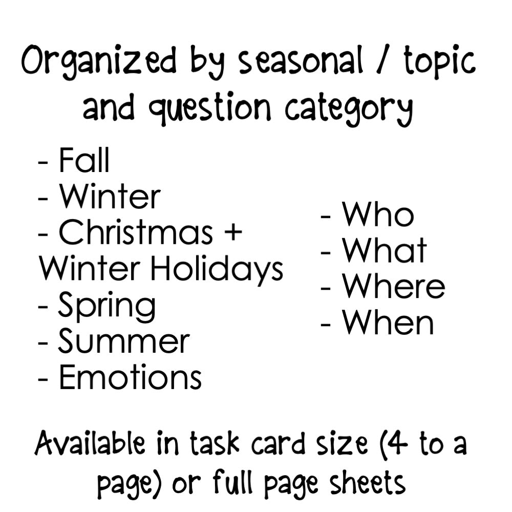 WH Question Visual Task Card Bundle symbol reading comprehension for s ...