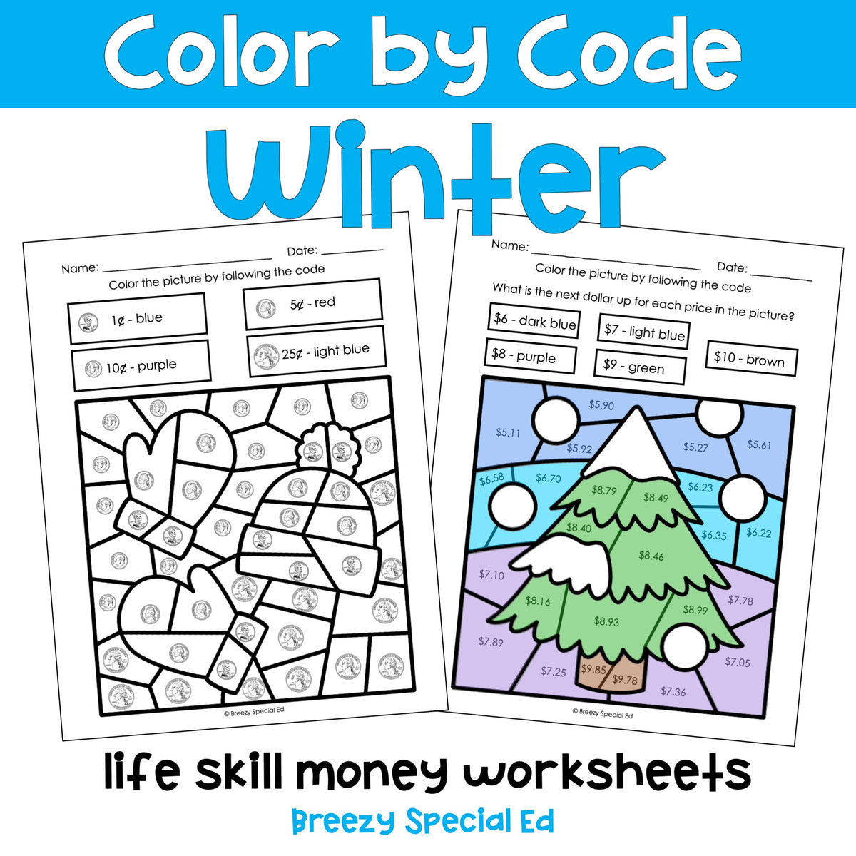 Winter Money Identification and Next Dollar Up Life Skill Math Color b ...
