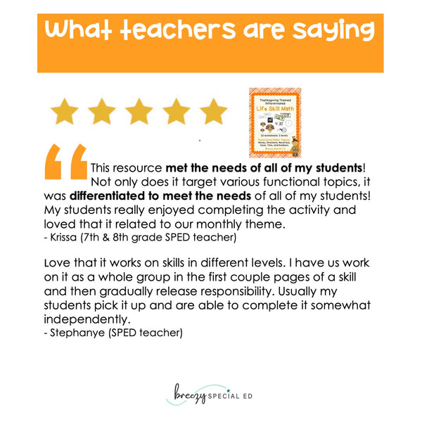 Differentiated Life Skill Math Pack: Thanksgiving (special education ...