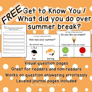 FREE Get to Know You / Back to School Questions for Special Ed – Breezy ...